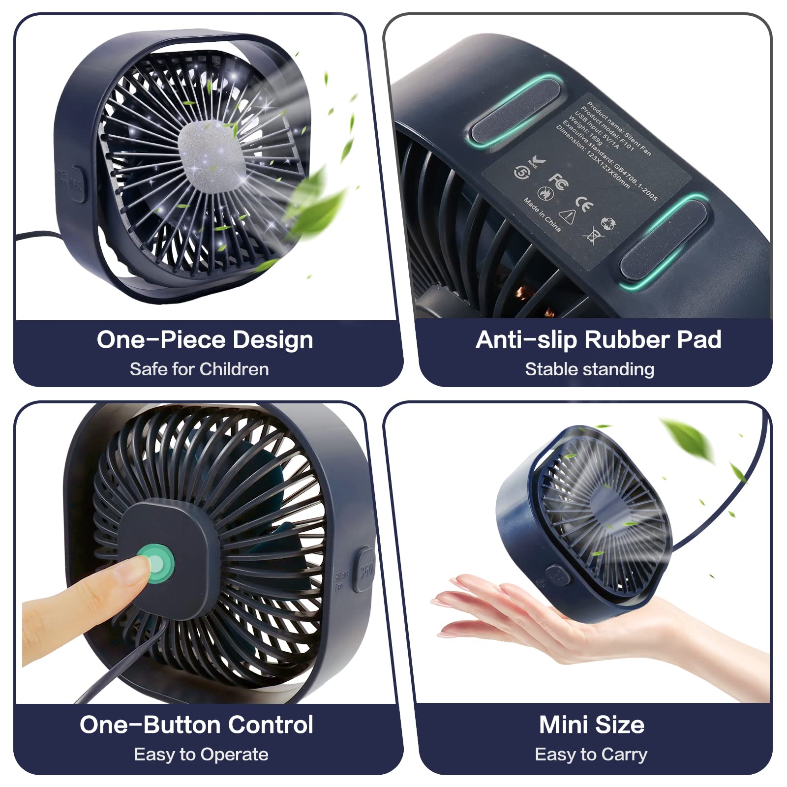 Small USB Desk Fan, 3 Speeds Silent Wind and 360° Rotatable, 4 inch Personal Mini Fan for Office Dorm Bedroom Laptop Library Indoor Summer Gift (GREY)