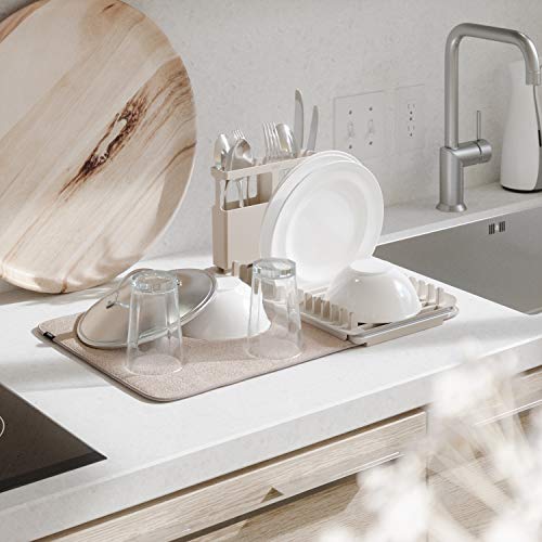 Umbra Udry Rack and Microfiber Dish Drying Mat-Space-Saving Lightweight Design Folds Up for Easy Storage, Over The Sink, Latte