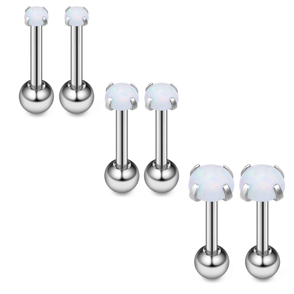 Ruifan 18G White Opal Externally Threaded Stainless Steel Tragus Earrings For Women Helix Earring Stud Body Jewelry Piercing Set 2-4mm 3Pairs