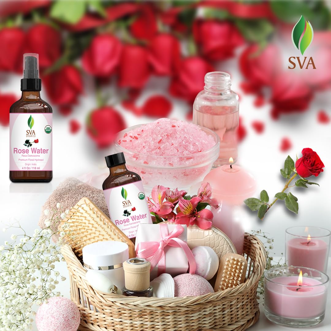 SVA Organics Rose Water 4oz (118 ml) Refreshing Rose Water Spray for Skin Care, Skin Hydration, Bath, Soaps, Haircare & Aromatherapy