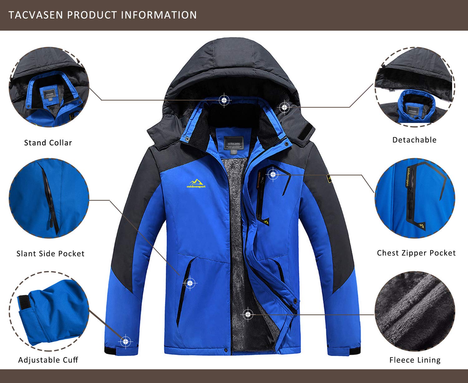 TACVASEN Rain Coat Mens Winter Warm Jacket Fleece Waterproof Jakcet Ski Snow Coats for Men Insulated Softshell Jacket