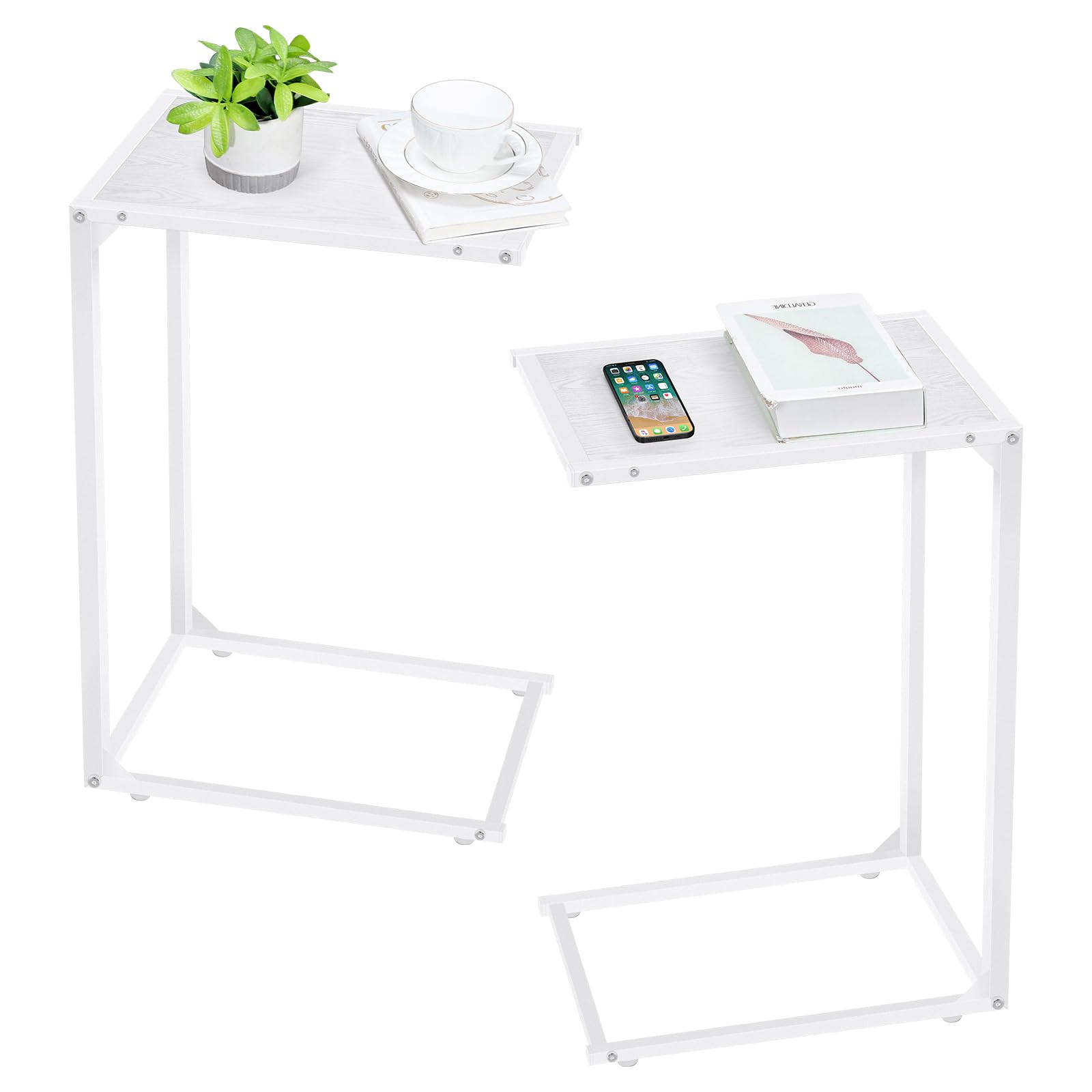 Set of 2 C Shaped End Table, Couch Tables That Slide Under, C Shaped Sofa Table for Couch, C Tray Snack Side Table for Living Room, Bedroom,Sofa, White