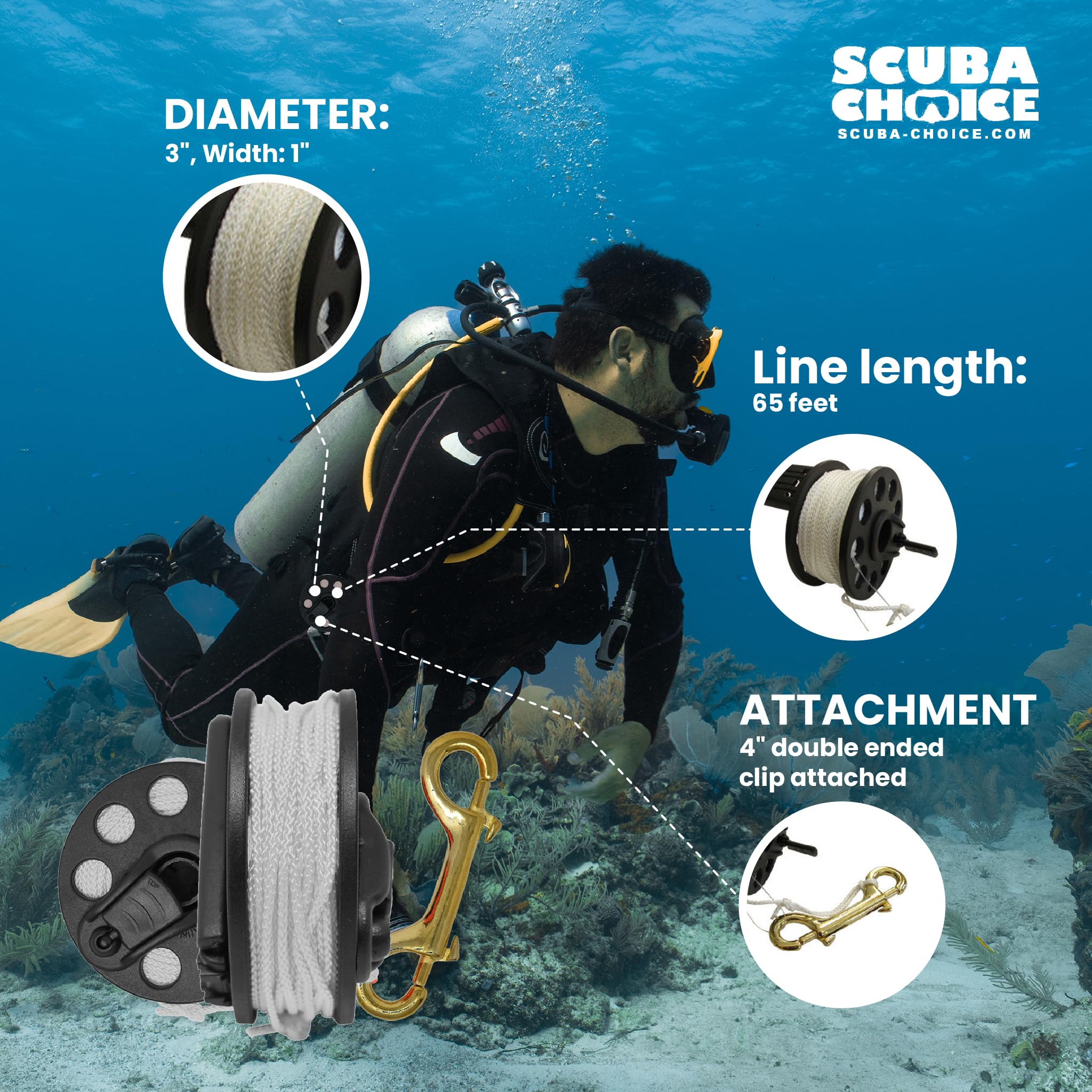 Scuba Choice Scuba Diving Compact Finger Spool with Plastic Handle, 100', White Line