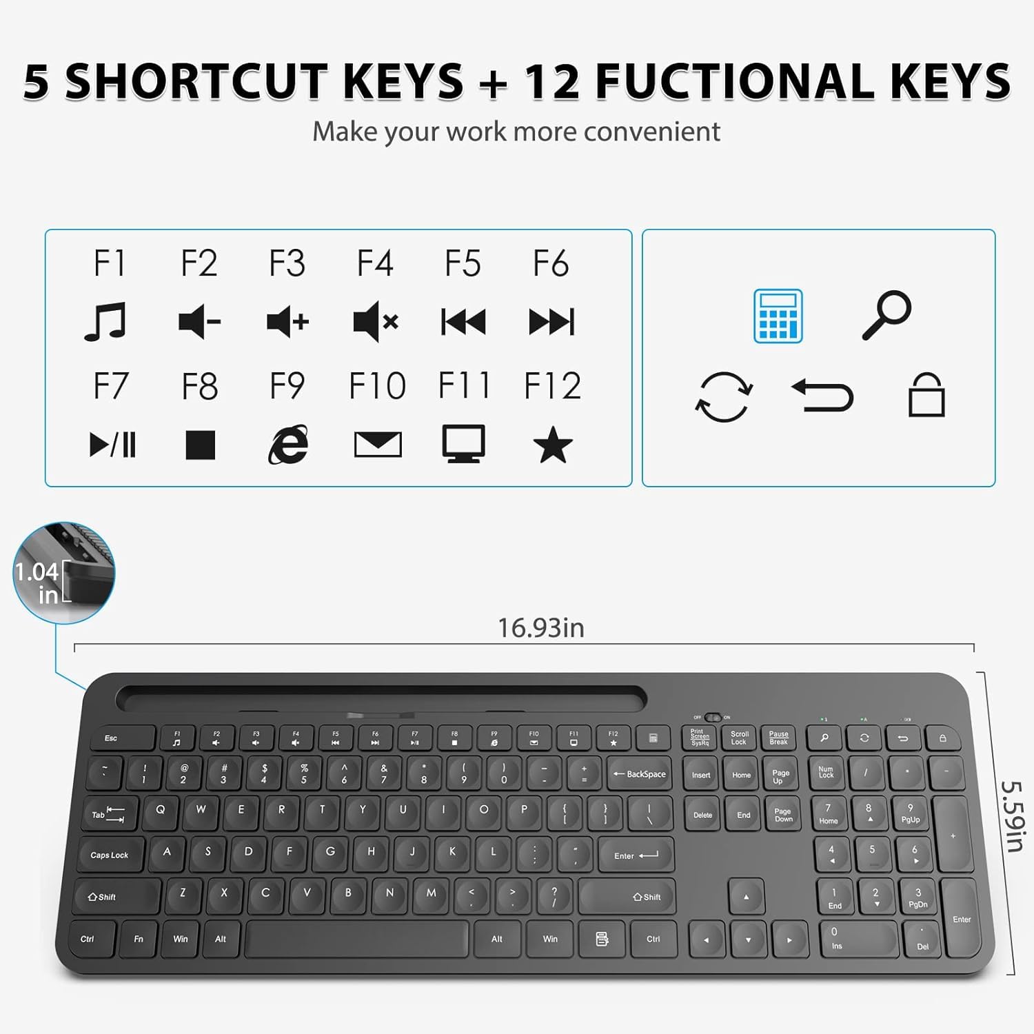 Wireless Keyboard and Mouse Combo, WisFox 2.4GHz Ergonomic USB Keyboard with Phone Holder, Full Size Keyboard and Mouse Set for Computer, Laptop and Desktop(Black)