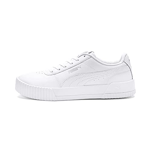 PUMA Womens Carina Leather Sneaker, PUMA Womens White-PUMA Womens White-PUMA Womens Silver, 6.5