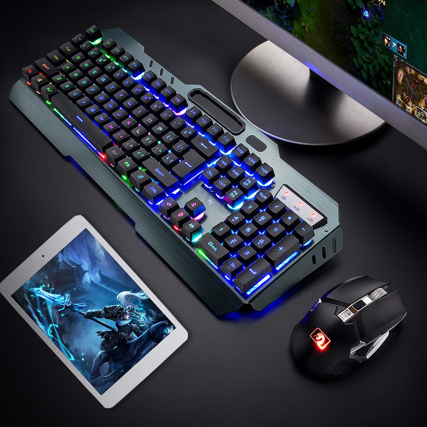 Wireless Keyboard and Mouse Combo,Rainbow Backlit Gaming keyboard with Memory Foam Keyboard Wrist Rest,Rechargeable 3800 mAh Battery,Metal Panel,Mechanical Feel,Ergonomic,Gaming Mouse for PC Gamers