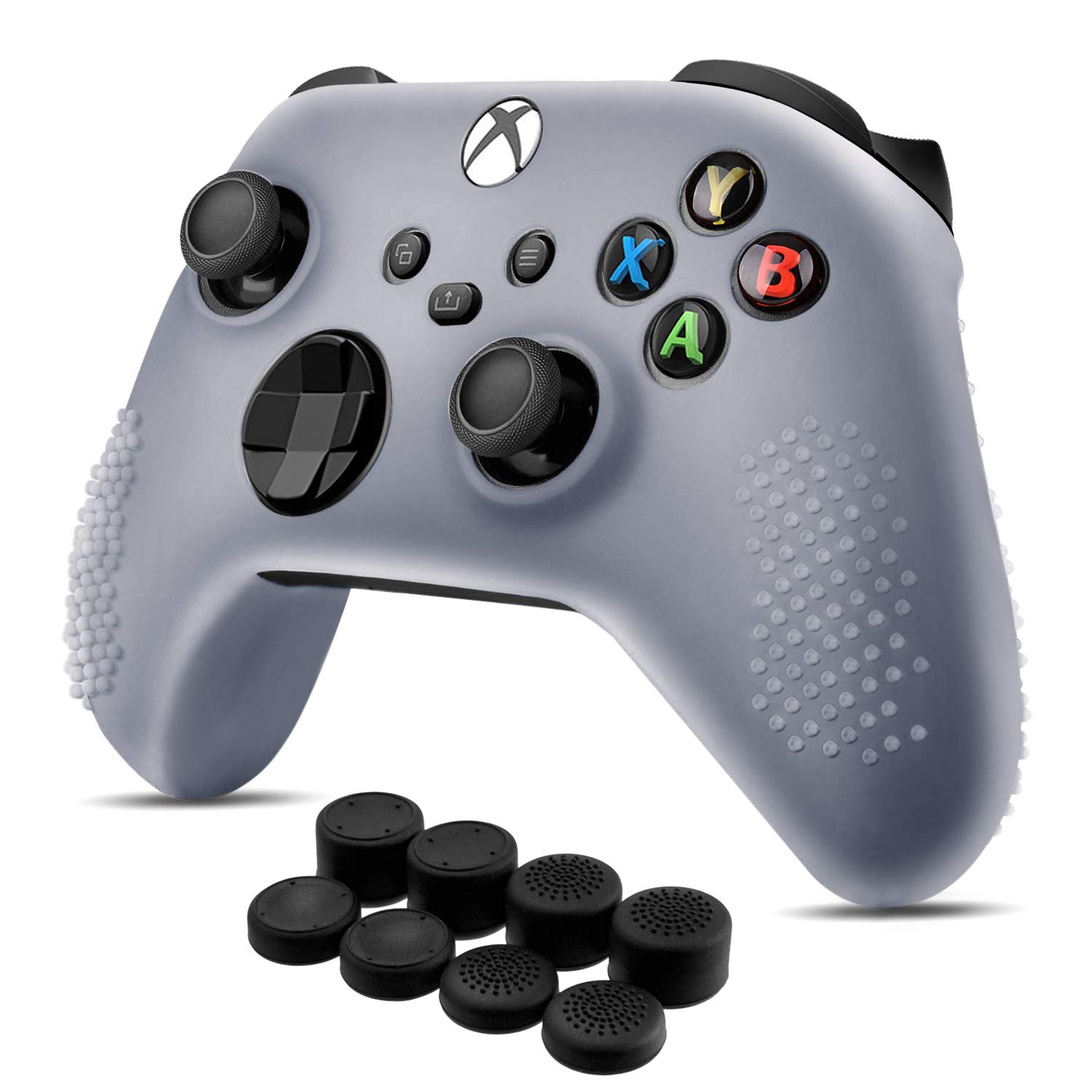 TNP Controller Cover Skin Case + 8 Thumb Grips Set (Transparent White) Compatible with Xbox Series S/X - Soft Studded Anti-Slip Silicone Gel & Rubber Stick Caps Accessories for Video Games