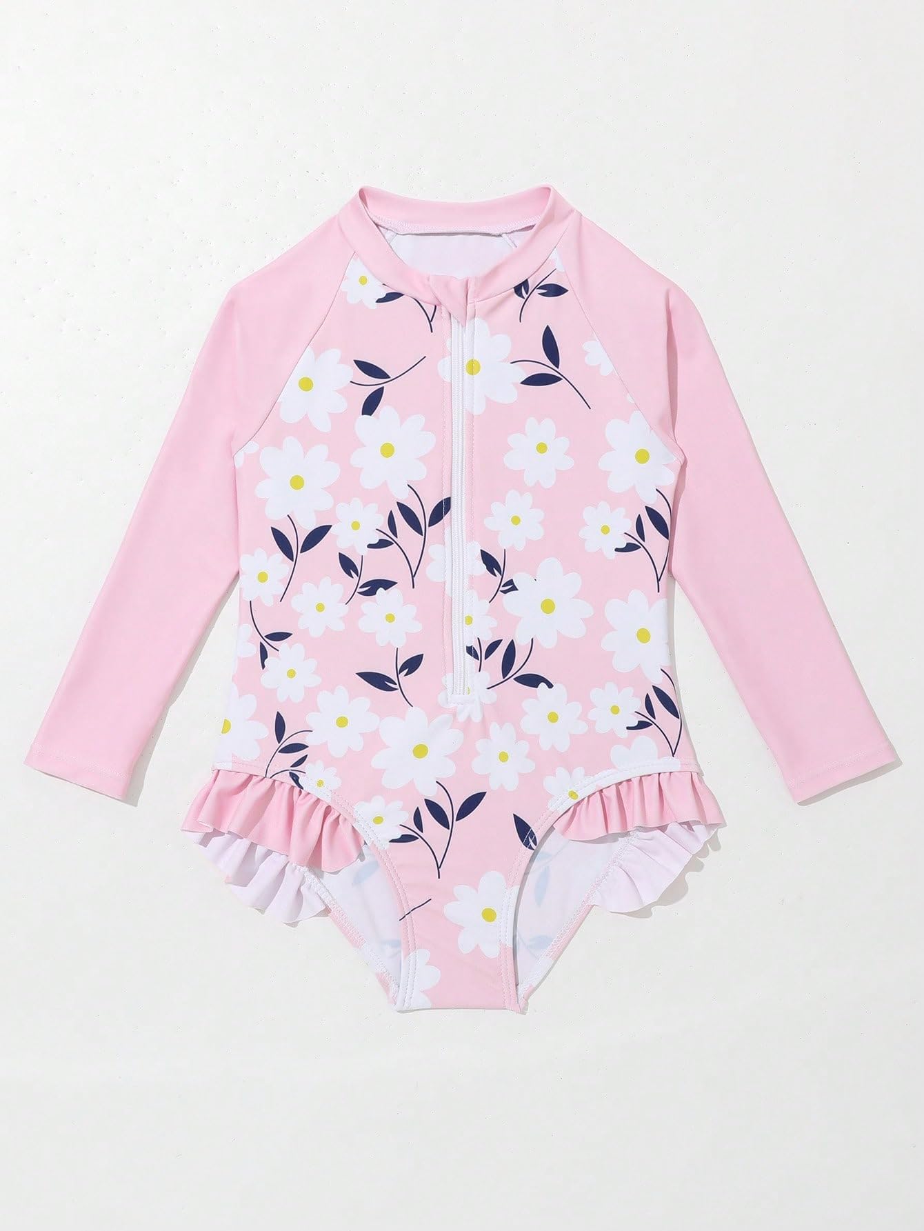 SweatyRocks Girl's Cute Floral Print Long Sleeve Mock Neck Zip Front One Piece Monokini Swimsuit Blue 6Y
