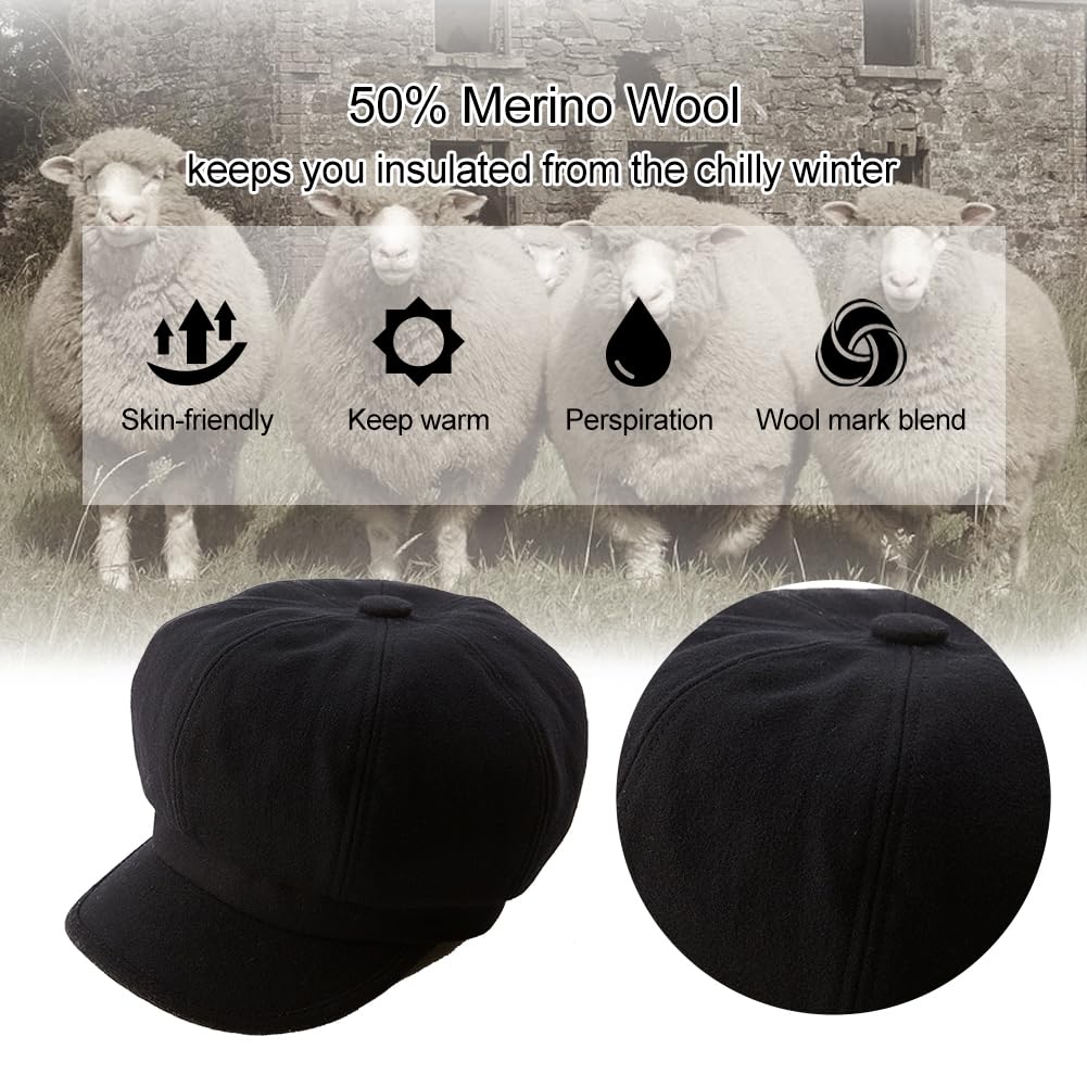 SIGGI Womens Merino Wool Visor Beret Newsboy Cabbie Cap Winter Hats with Lining Spring 67145_black,Medium