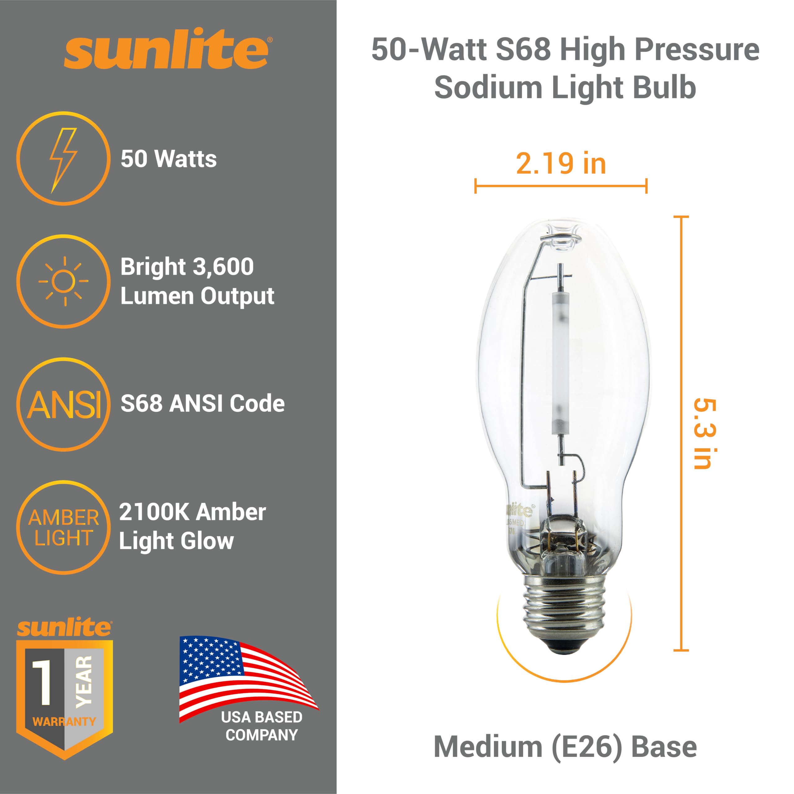 Sunlite 50 Watt High Pressure Sodium, Medium Base