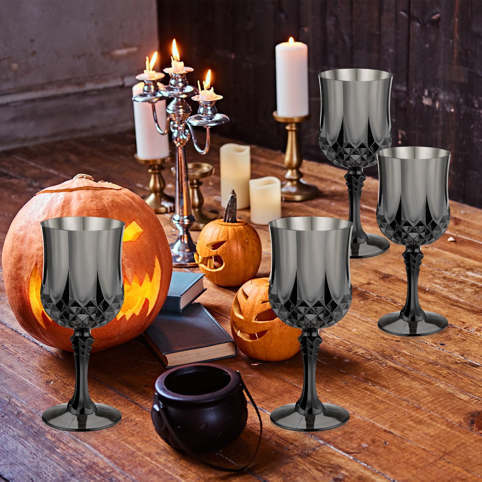 SHIQIKEJIPTY Black Wine Glasses Champagne flutes glasses Patterned Goblet Glass Plastic Vintage Wine Goblets Retro Stemware Glassware Set for Holloween Wedding Reception Grand Event Party (16)