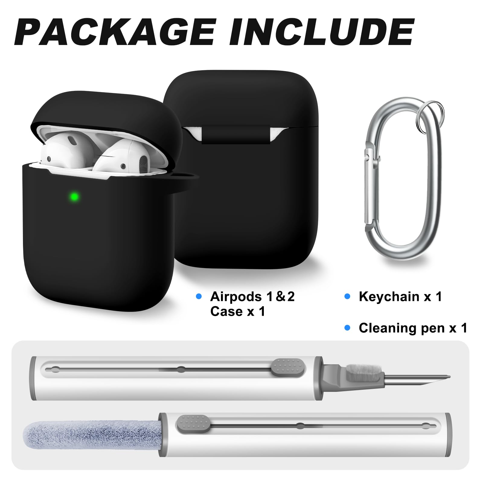 Woyinger for AirPods Case Cover, Come with Clean Pen,Soft Silicone Protective Cover with Buckle for Women Men Compatible with Apple AirPods 2nd 1st Generation Charging Case, Front LED Visible,Black