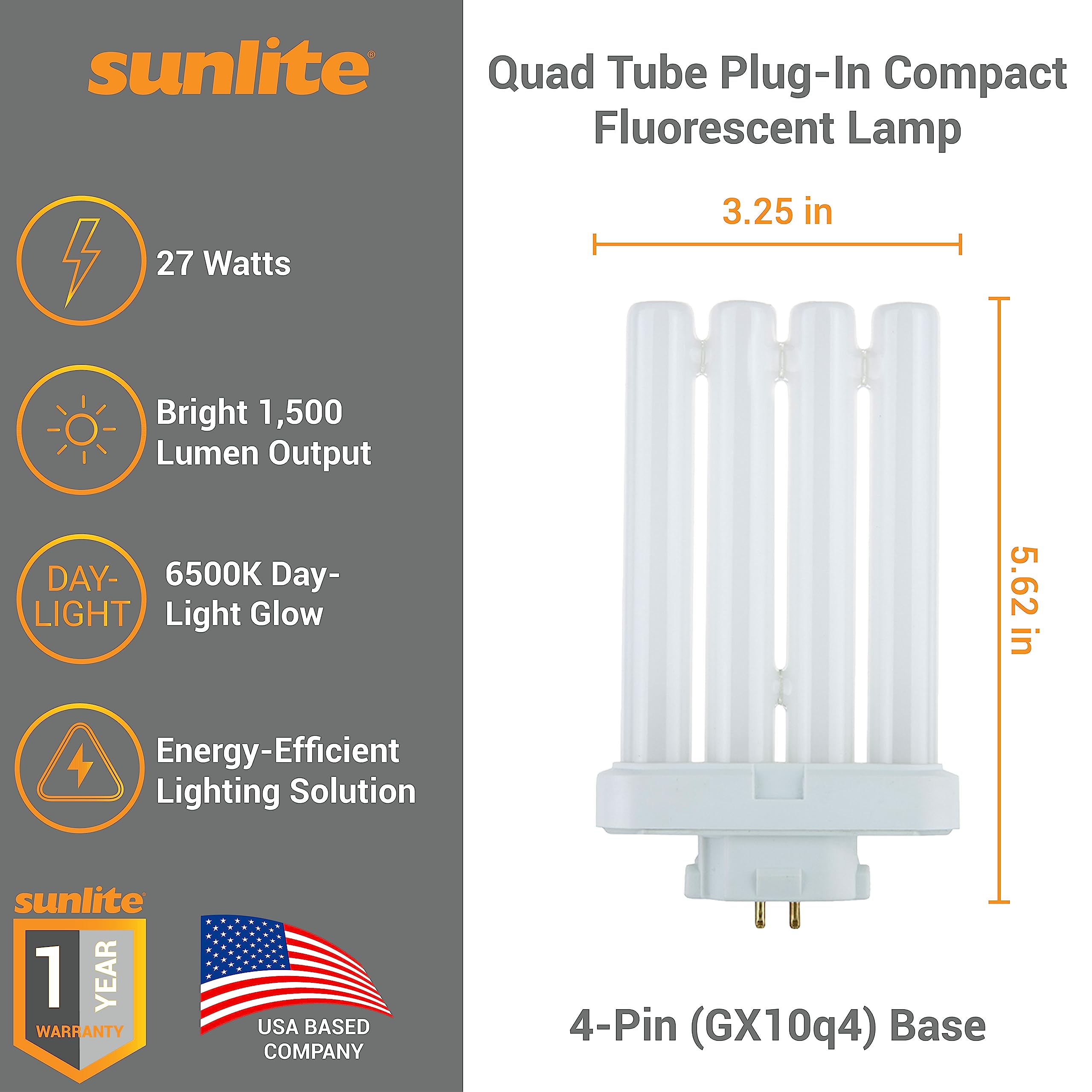 Sunlite FML27/65K Quad Tube Plug-in Compact Fluorescent Lamp, FML 4-Pin, 27 Watts, 1500 Lumens, 6500K Daylight, 4-Pin (GX10q4) Base, 120 Volts, 1 Pack