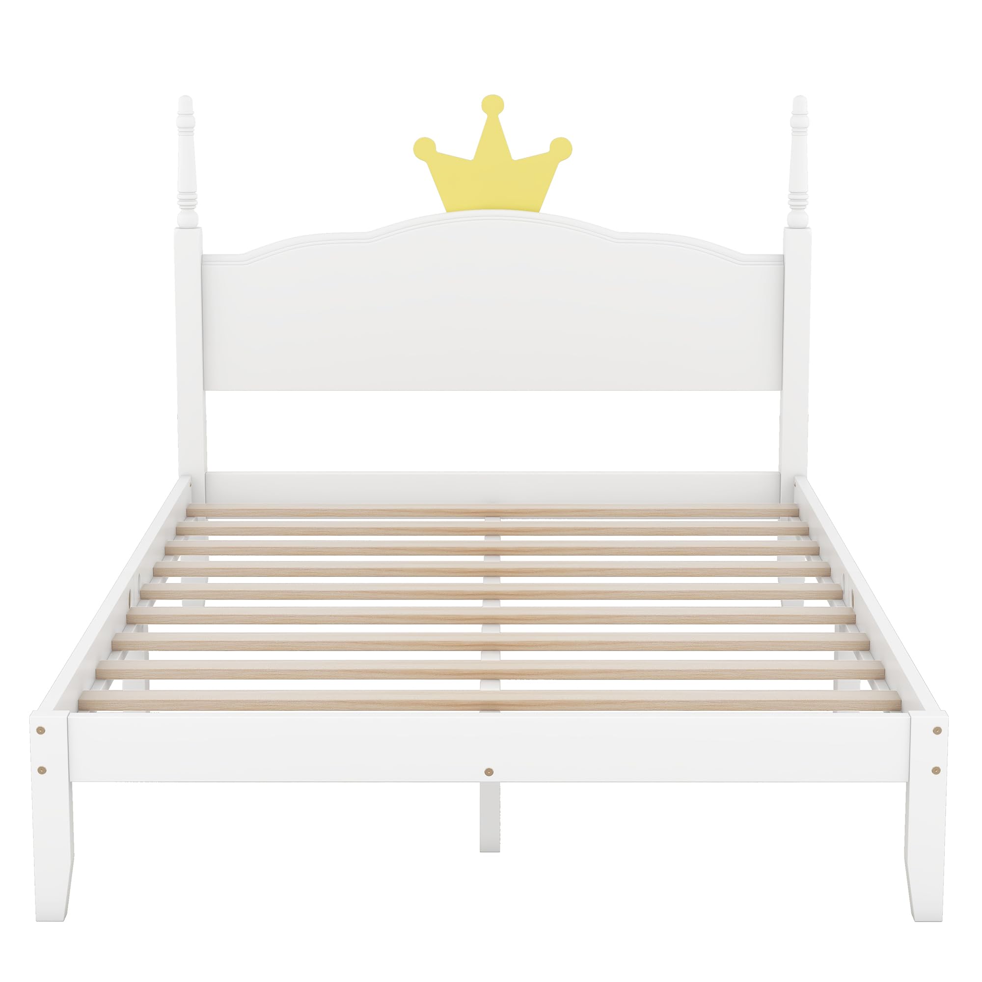 Rhomtree Full Bed Frame with Crown Shaped Headboard, Wood Full Size Platform Bed Frames with Headboard for Boy Girl Kids,No Box Spring Needed(White, Full)