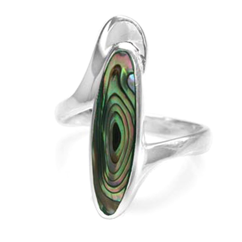Silvershake Long Abalone Paua Shell Inlay White Gold Plated 925 Sterling Silver Modern Style Ring Size 8