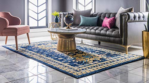 Unique Loom Taftan Collection Border Geometric Tribal Inspired Design Area Rug, 9 ft x 12 ft, Navy Blue/Gold