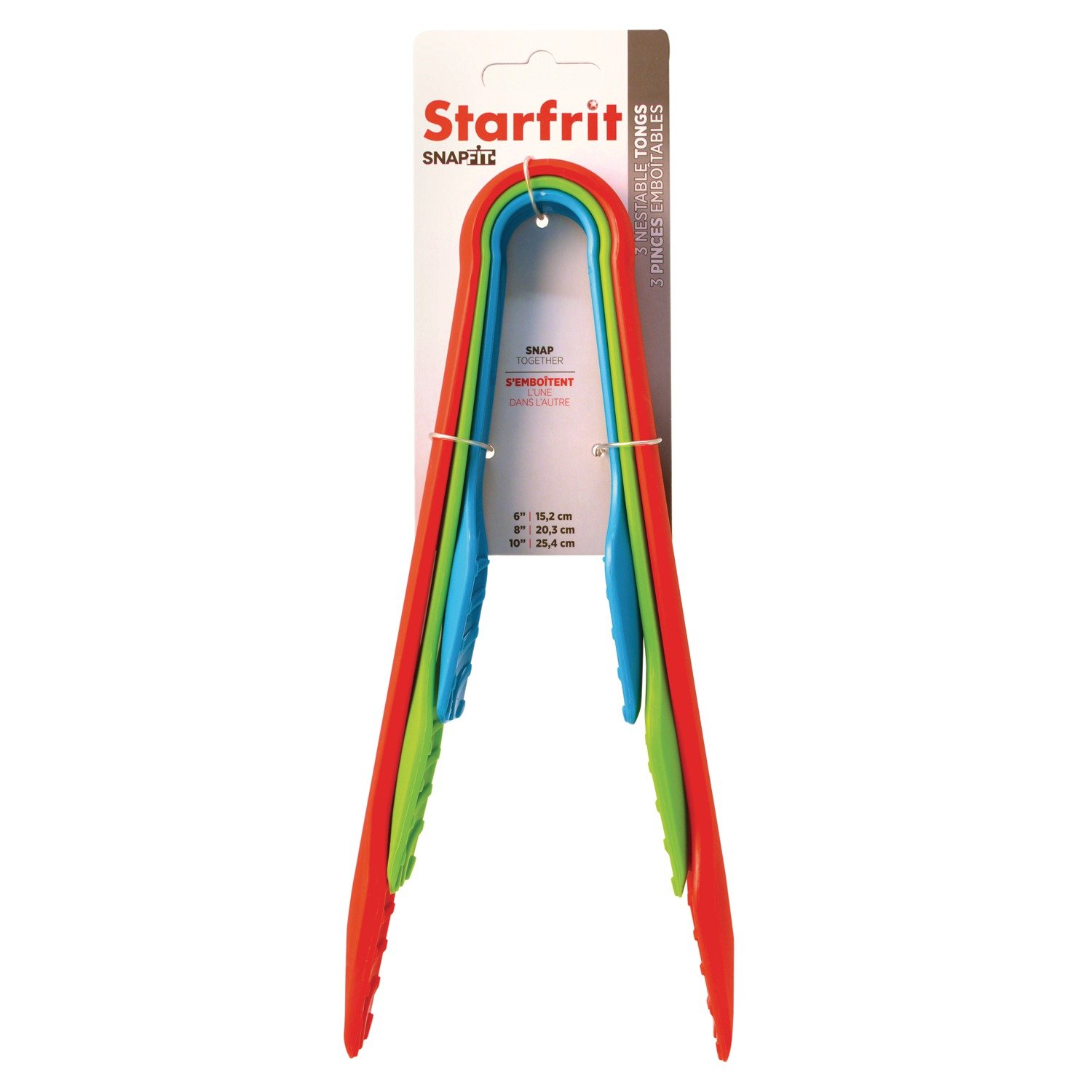 Starfrit Set of 3 Snap Fit Tongs, Red/Green/Blue