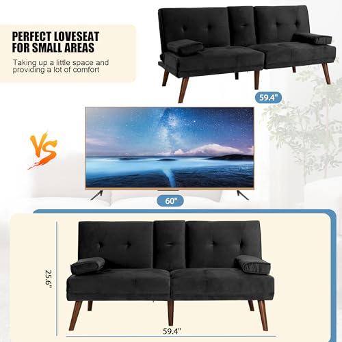 Shintenchi 60" Small Loveseat, 3 in 1 Cute Convertible Sofa Bed, Modern Futon Recliner Sleeper w/2 Cup Holder, Upholstered Folding Couch for Small Space, Black