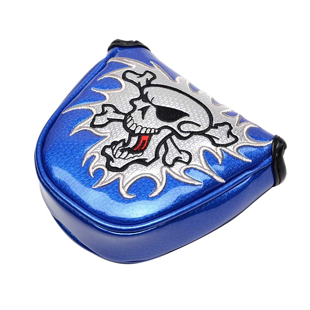 PLUSKER Skull Golf Heel Shafted Mallet Putter Cover Magnetic Closure Synthetic Leather Blue Golf Club Putters Headcover