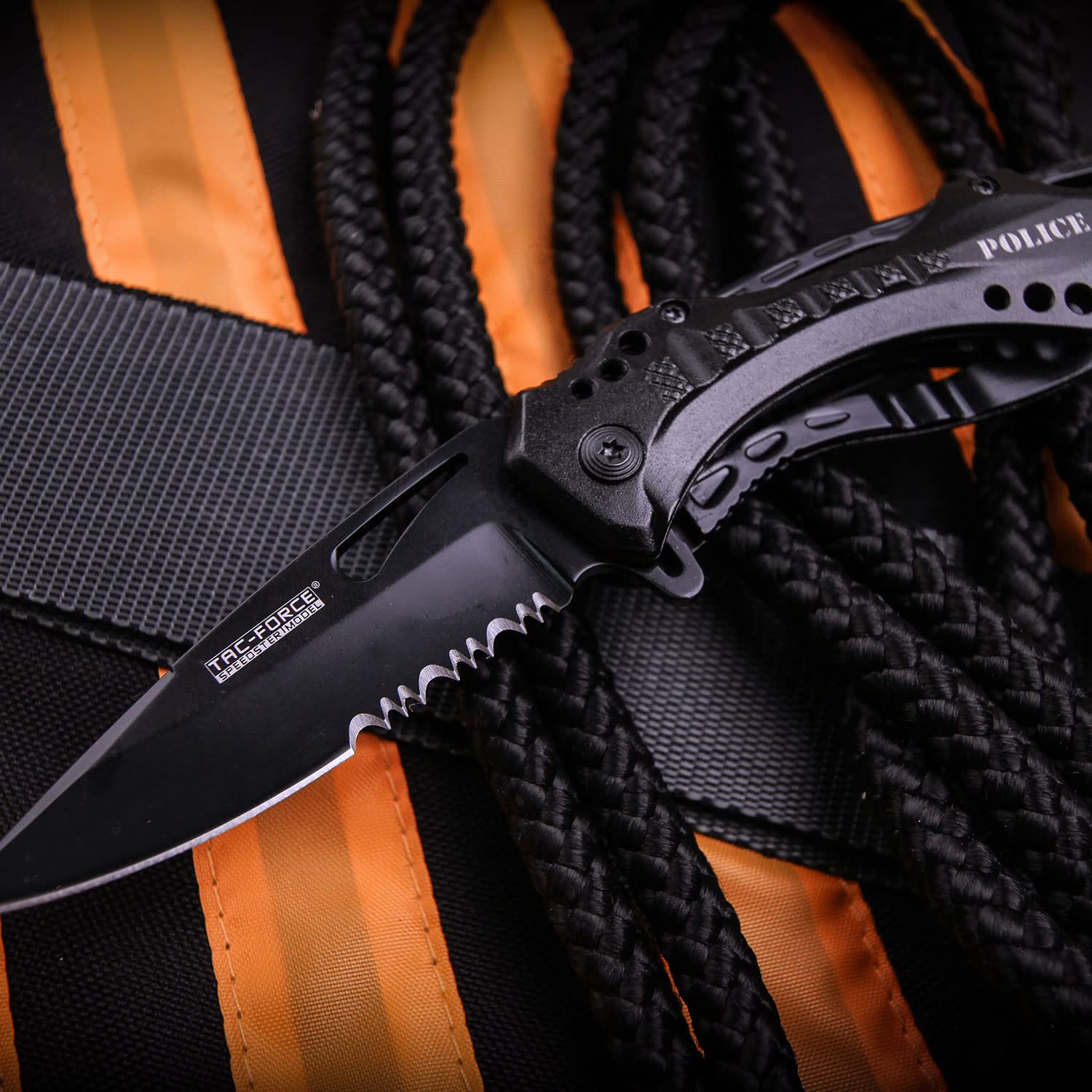 TAC Force- Spring Assisted Folding Pocket Knife โ Black Stainless Steel Blade with Black Aluminum Handle, Bottle Opener, Glass Punch and Pocket Clip, Tactical, EDC, Rescue - TF-705 , 3.25 inch blade