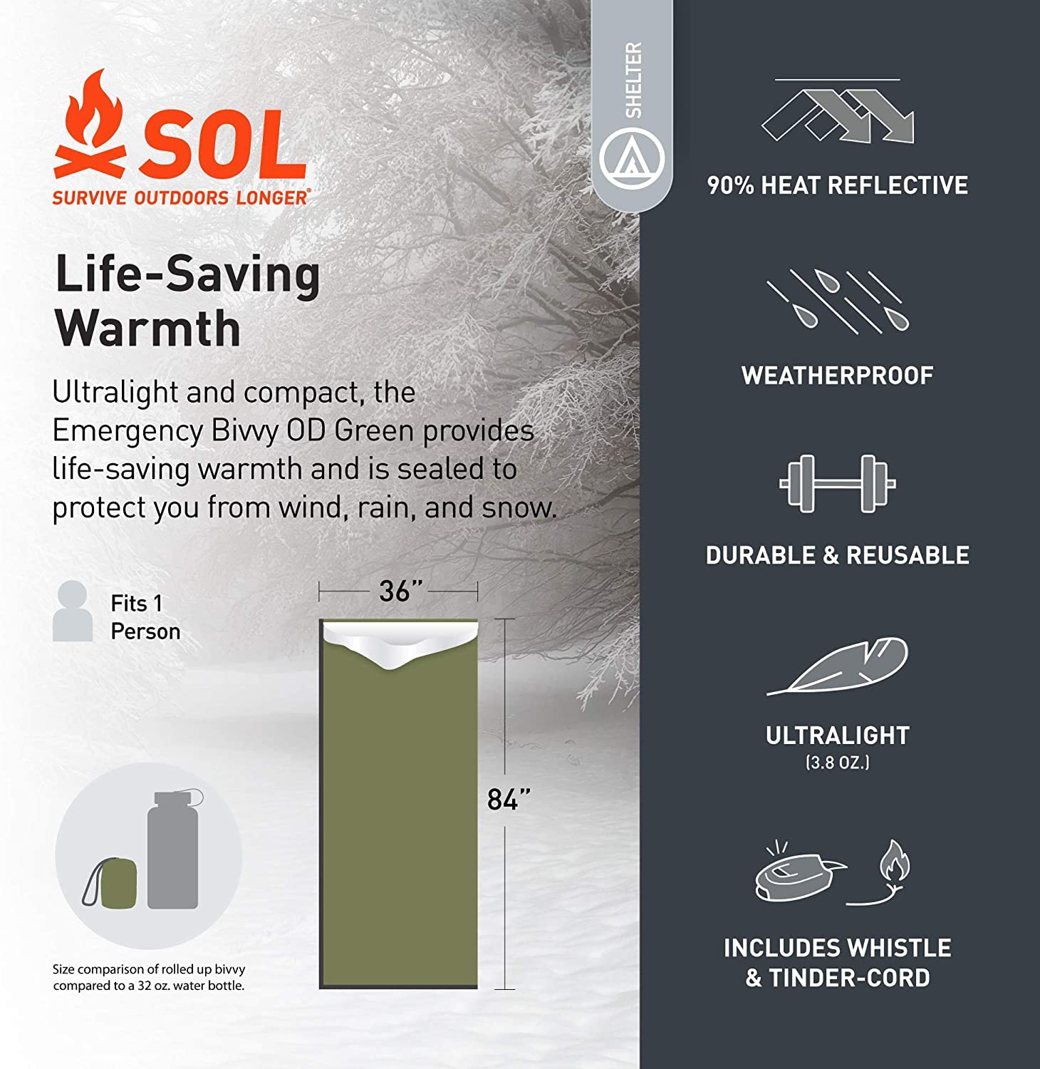 Survive Outdoors Longer 90% Emergency Bivvy - Comes with Survival Whistle & Tinder Paracord Drawstring - Add to Emergency Kit & Hiking Gear - Waterproof, Windproof & Tear-Resistant - 3.8 oz, Green