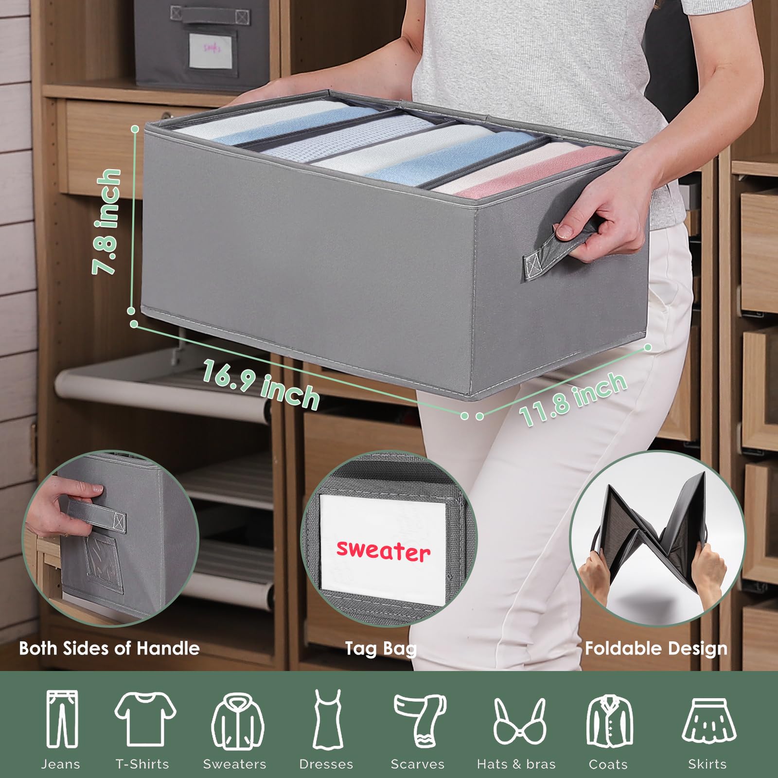 SHINGONE Closet Organizers and Storage, Large Jeans Organizer for Closet, Wardrobe Clothes Organizer, Clothes Organizer Washable Foldable Drawers Organizer for Clothing, Jeans Pants Sweater, 3 Pack