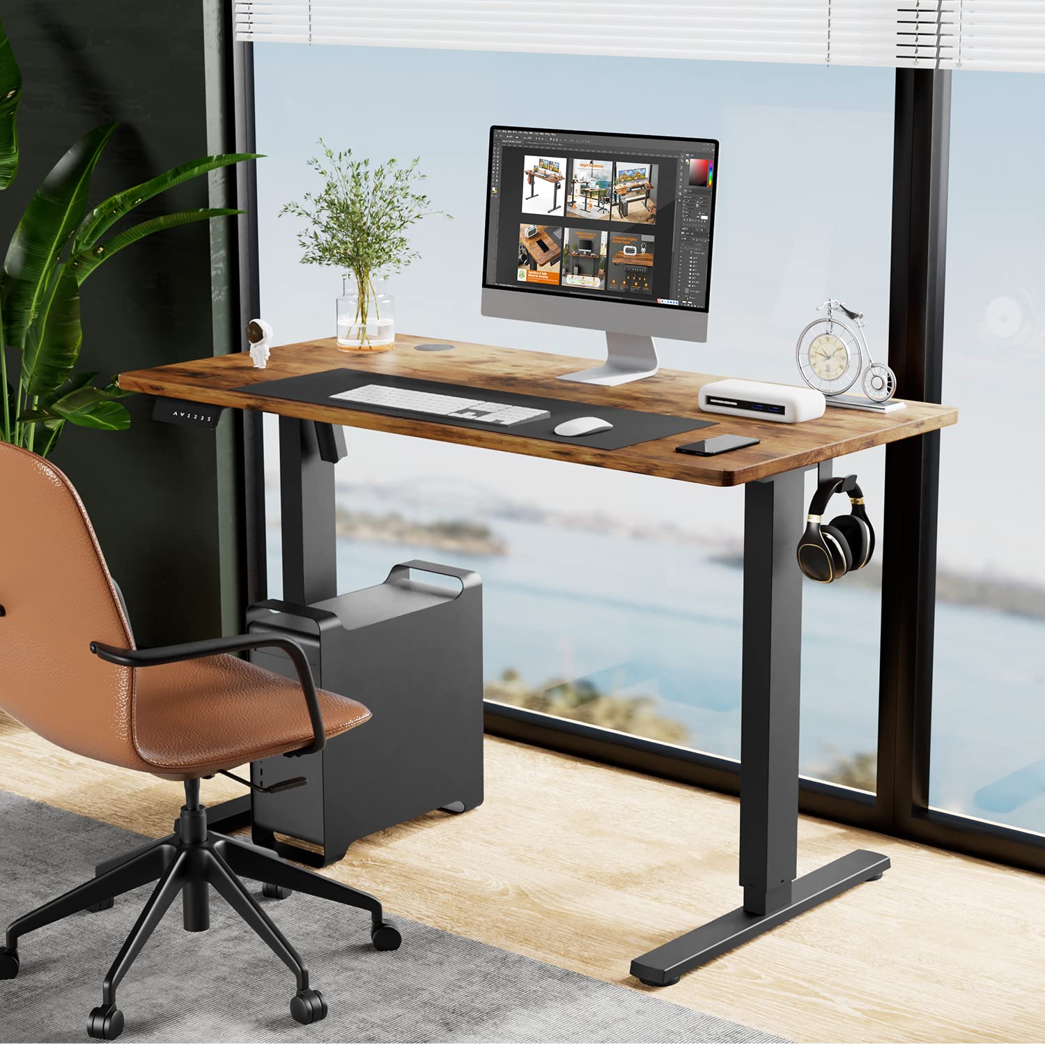 Sweetcrispy Height, 23.62" D x 55.12" W x 30" H Electric 3 Memory Presets Adjustable Stand T-Shaped Bracket, Ergonomic Computer Desk for Home Office, Rustic Brown, 55in
