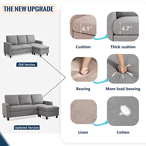 Shintenchi Upgraded Convertible Sectional Sofa Couch, 3 Seat L Shaped Sofa with High Armrest Linen Fabric Small Couch Mid Century for Living Room, Apartment and Office
