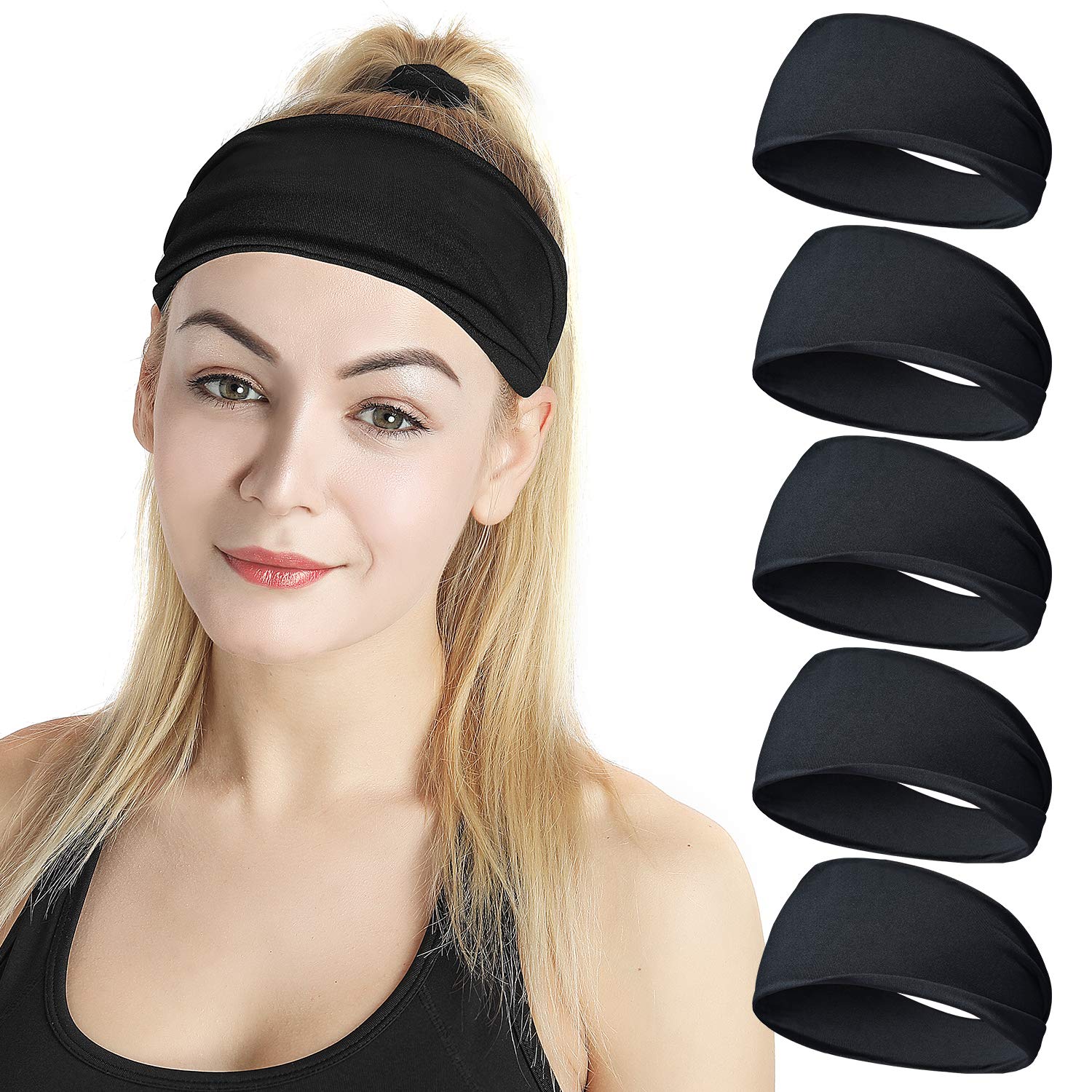 Sport Headbands for Men and Women Sweatband Headbands for Yoga,Running,Basketball Wocking Out and Performance Stretch & Moisture (Black - 5 Pack)