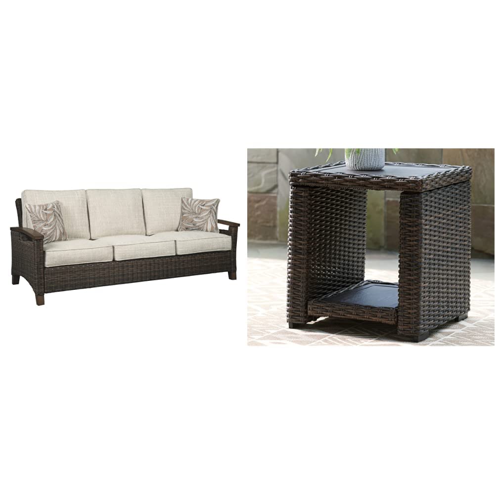 Signature Design by Ashley Paradise Trail Outdoor Patio Sofa with Cushion, 2 Pillows and Square End Table, Brown & Beige