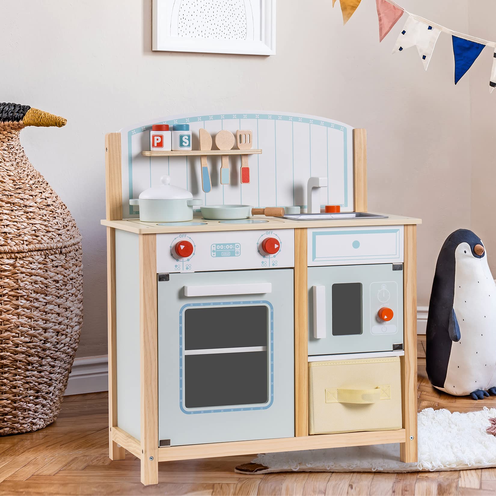 ROBOTIME Wooden Kitchen Playset for Toddlers Girls Kids Play Kitchen with Storage Bin,Pretend Play Toy Kitchen for Kids Ages 3+(Blue)