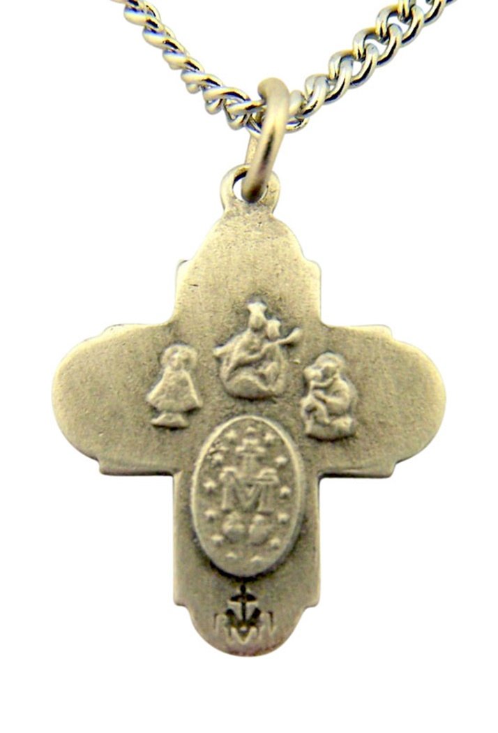 Religious Gifts Pewter Four-Way Scapular Cross Pendant with Bright Cut Accents, 13/16 Inch