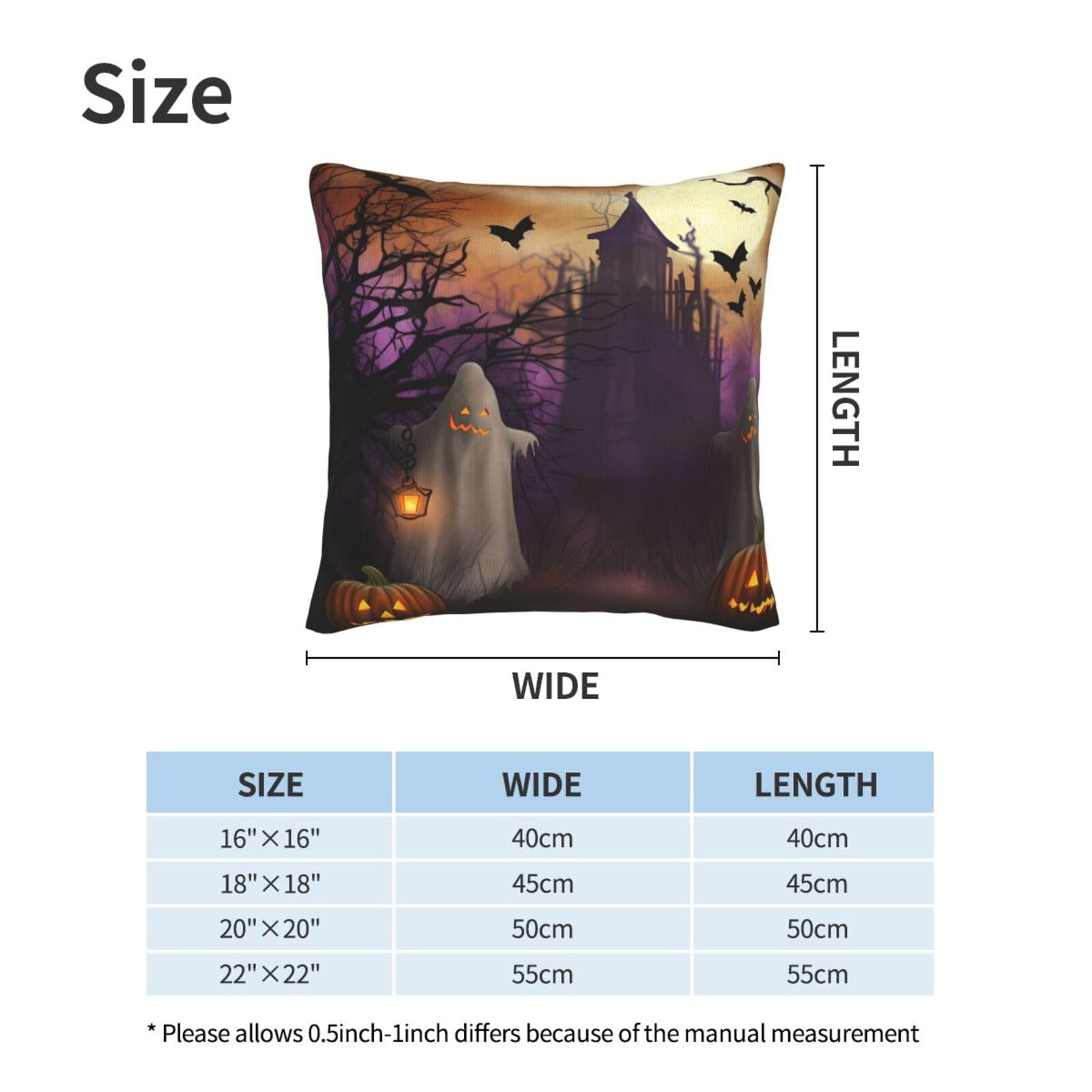 SHIRMDIY Ghost Pumpkin Moon Square Throw Pillow Covers 2 Packs, Halloween Castle Decorative Couch Pillowcase with Hidden Zipper, 16x16 Inch Double Side Print Throws Cushion Cover for Bed Sofa