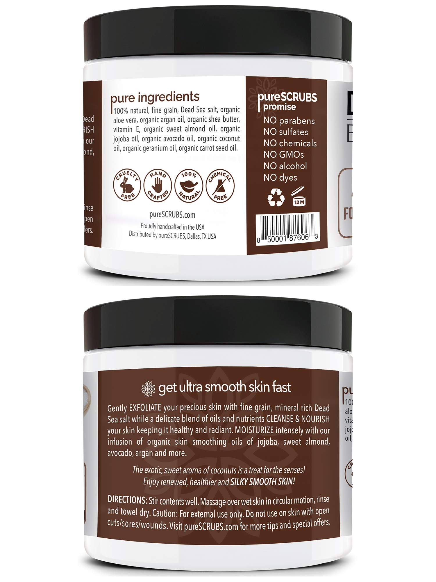 pureSCRUBS Premium Organic Body Scrub Set - INCLUDES spoon, loofah & soap - Large 16oz COCONUT BODY SCRUB Dead Sea Salt Infused Organic Essential Oils & Nutrients