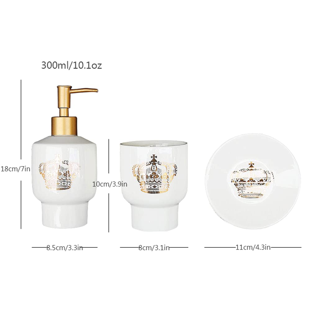 UTOYA Durable Ceramic Bathroom Accessory Set,Crown Print Bathroom Decor Accessories Set,Soap/Lotion Dispenser W/Luxury Gold Pump-Marble Tray Replacement