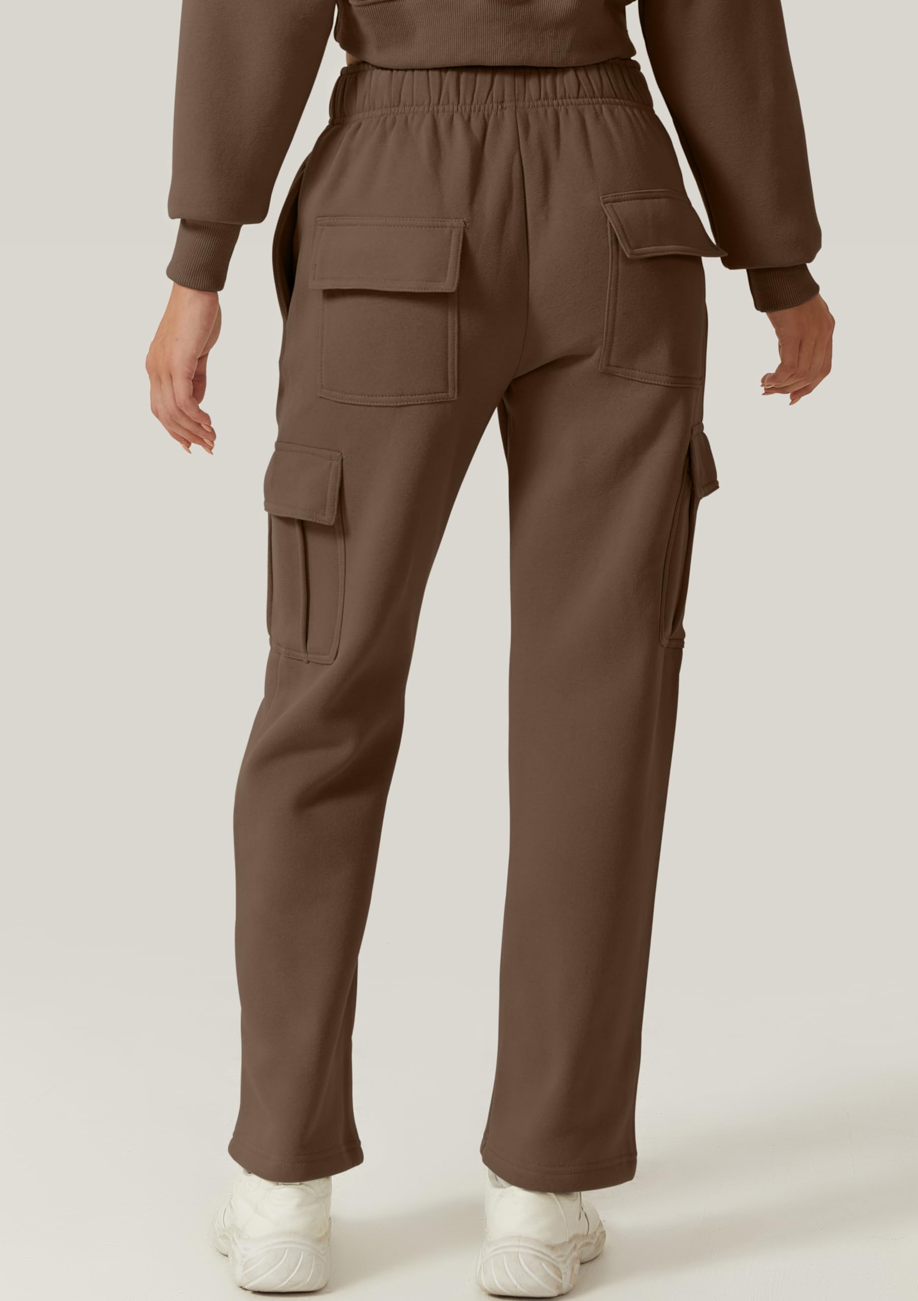 QINSEN Medium Waist Sweatpants for Women Baggy Fit Casual Long Pocket Cargo Pants Brown S