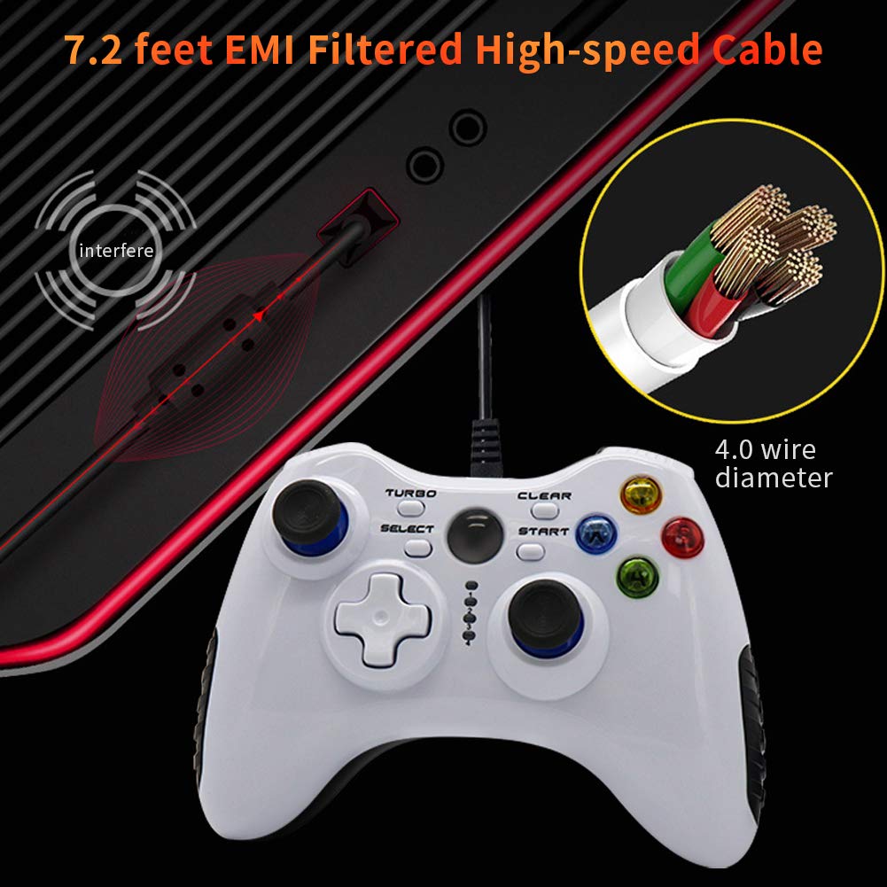 Wired PC Game Controller,Video Game Gamepad,with Dual-Joystick,Vibration Motors,7.2 feet USB Cable,Compatible with PC Windows,PS3,Android TV Box (White)