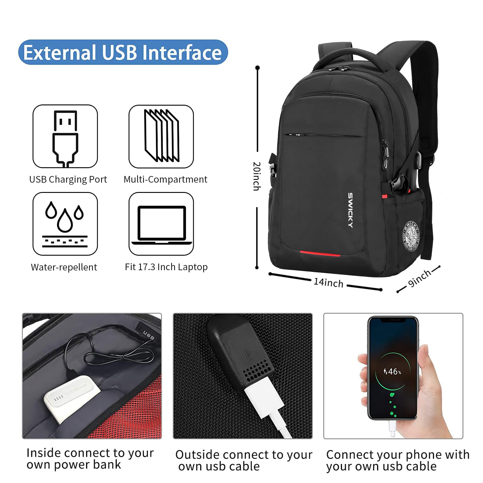 SWICKY 81669 Carry-on Water Repellent USB Port Luggage Strap Anti Theft Zip Airflow Back Panel Travel Work Laptop Backpack (Black with shoe compartment, 17.3 Inch)