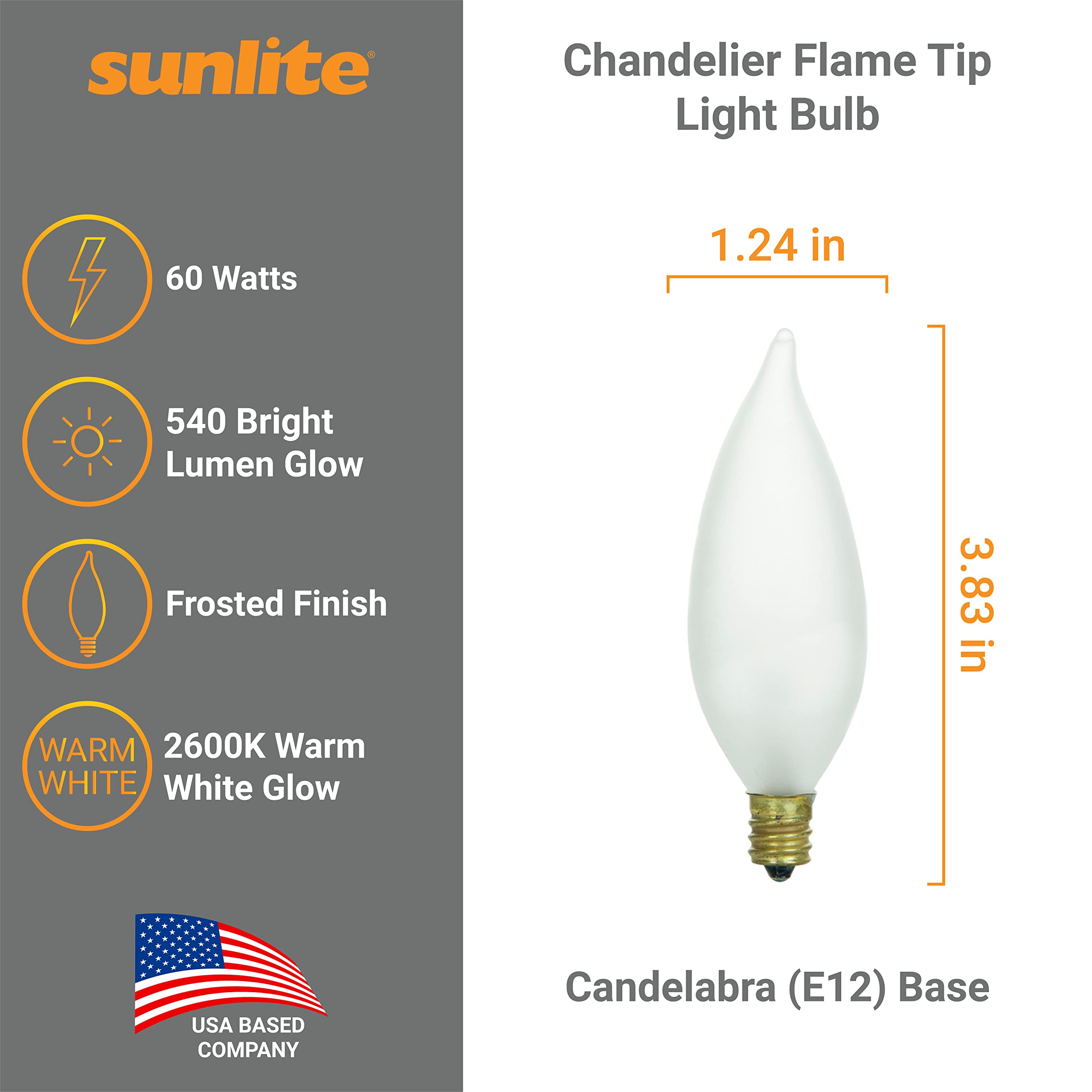 Sunlite 40035-SU Flame Tip Chandelier Light Bulbs, Frost, 60 Watts, Candelabra Base (E12), 120 Volt, Incandescent, Dimmable, 2600K Warm White, 12 Count