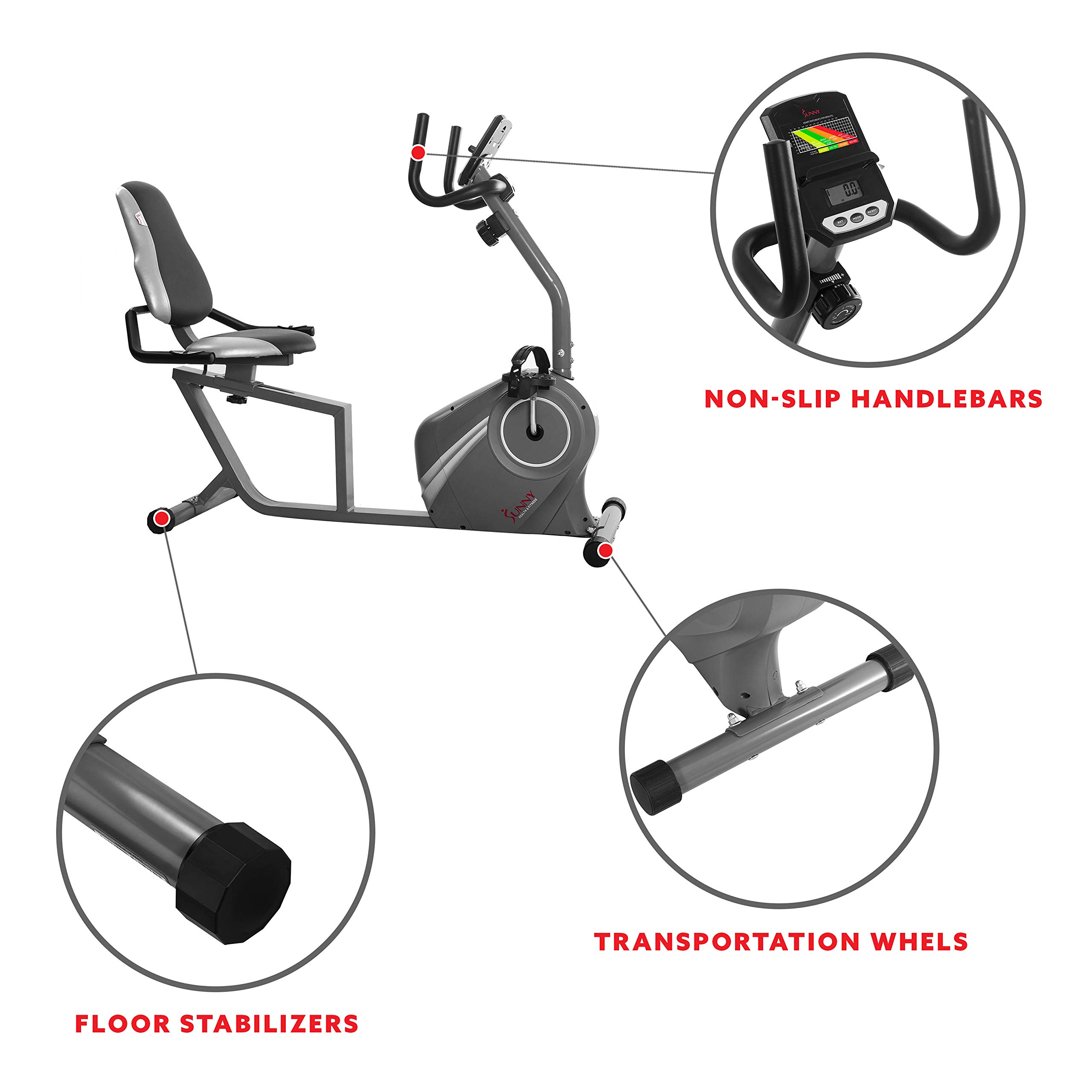 Sunny Health & Fitness Recumbent Bike - SF-RB4876, silver