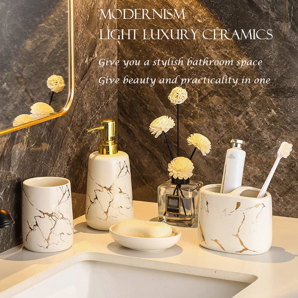 UTOYA Durable Marble Texture Bathroom Accessory Set,Gorgeous Ceramic Soap Dispenser Green-Tray,Toothbrush Holder,Tumbler for Bathroom Counter Replacement
