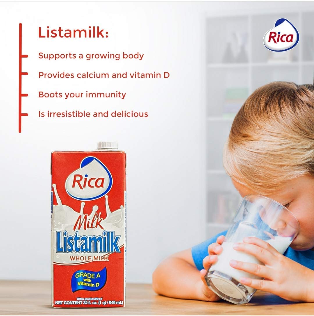 RICA Listamilk Whole Milk 32 Oz Boxed | 1 quart | Long Life Shelf Stable | Vitamin d | Non refrigerated | UHT Ultra pasteurized | Fresh taste | Pack of 6 |