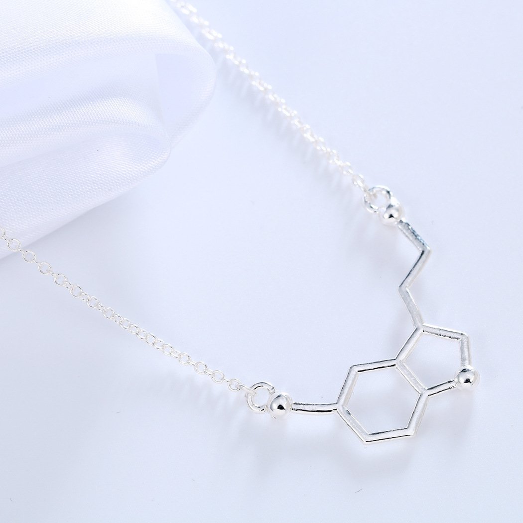 Silver Serotonin Molecule Pendant Necklace,Organic Chemistry Jewelry for Science Lovers,Gift for a Science Student (A:silver necklace)