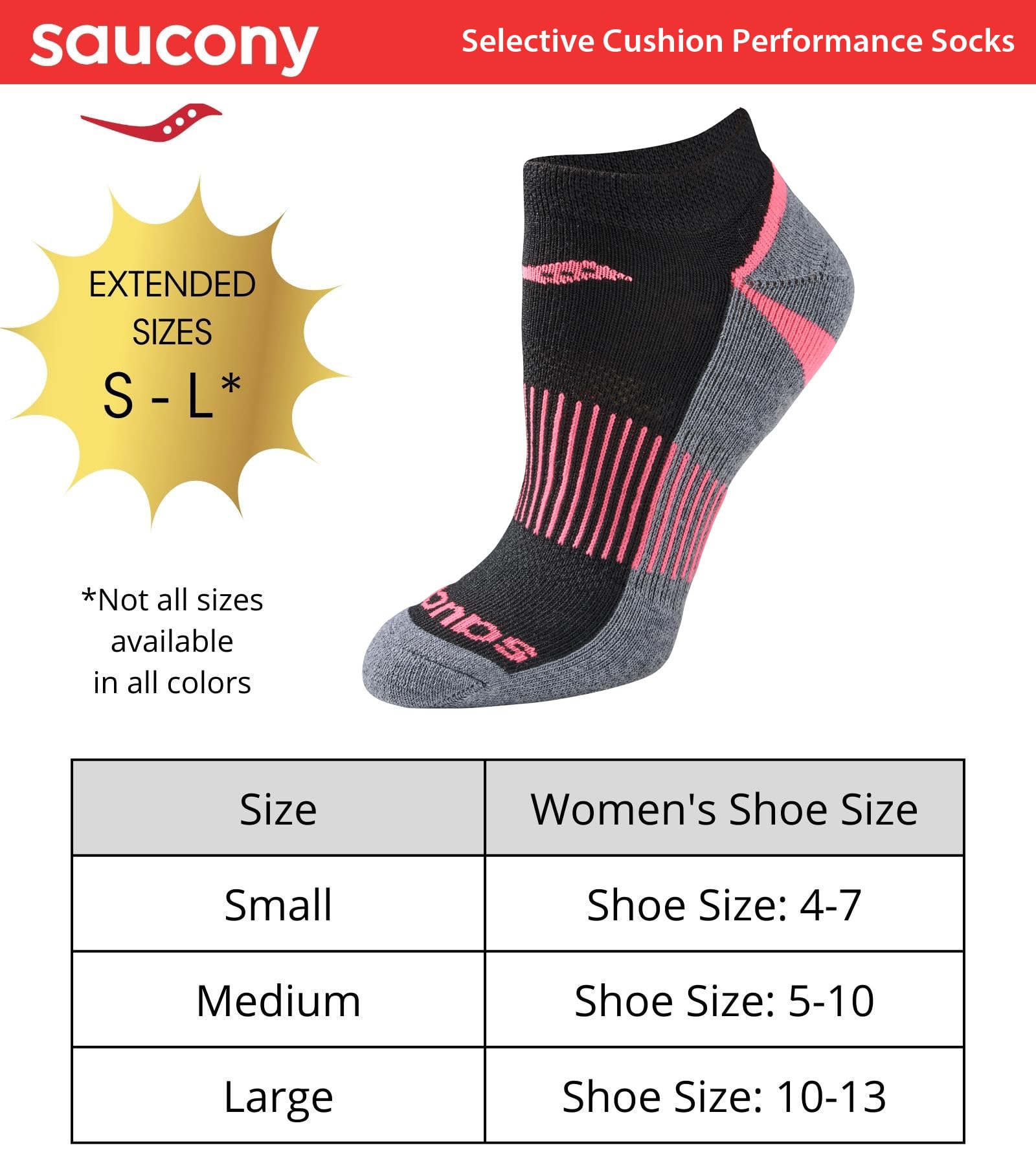 Saucony womens Selective Cushion Performance No Show Athletic Sport (6 Pairs) Socks, Black Assorted Pairs), Shoe Size 5-10 US