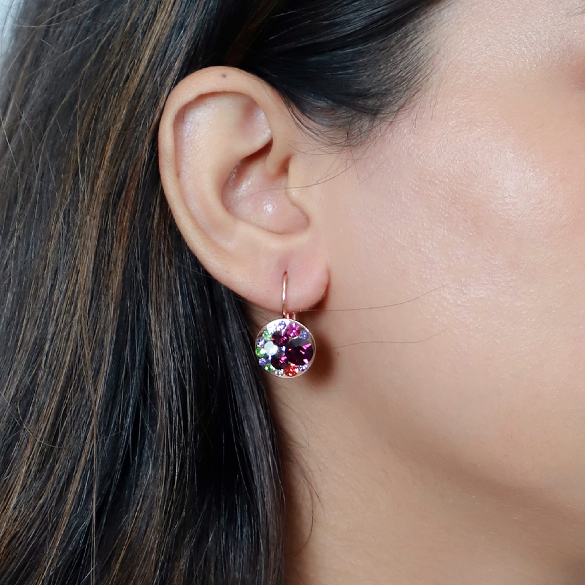UPSERA Leverback Earrings for Women β Elegant Austrian Crystal Earrings β Colorful Dangle Hoop Earrings with Rose Gold Plated Base β Premium Materials β Beautiful Craftsmanship, Purple Crystal