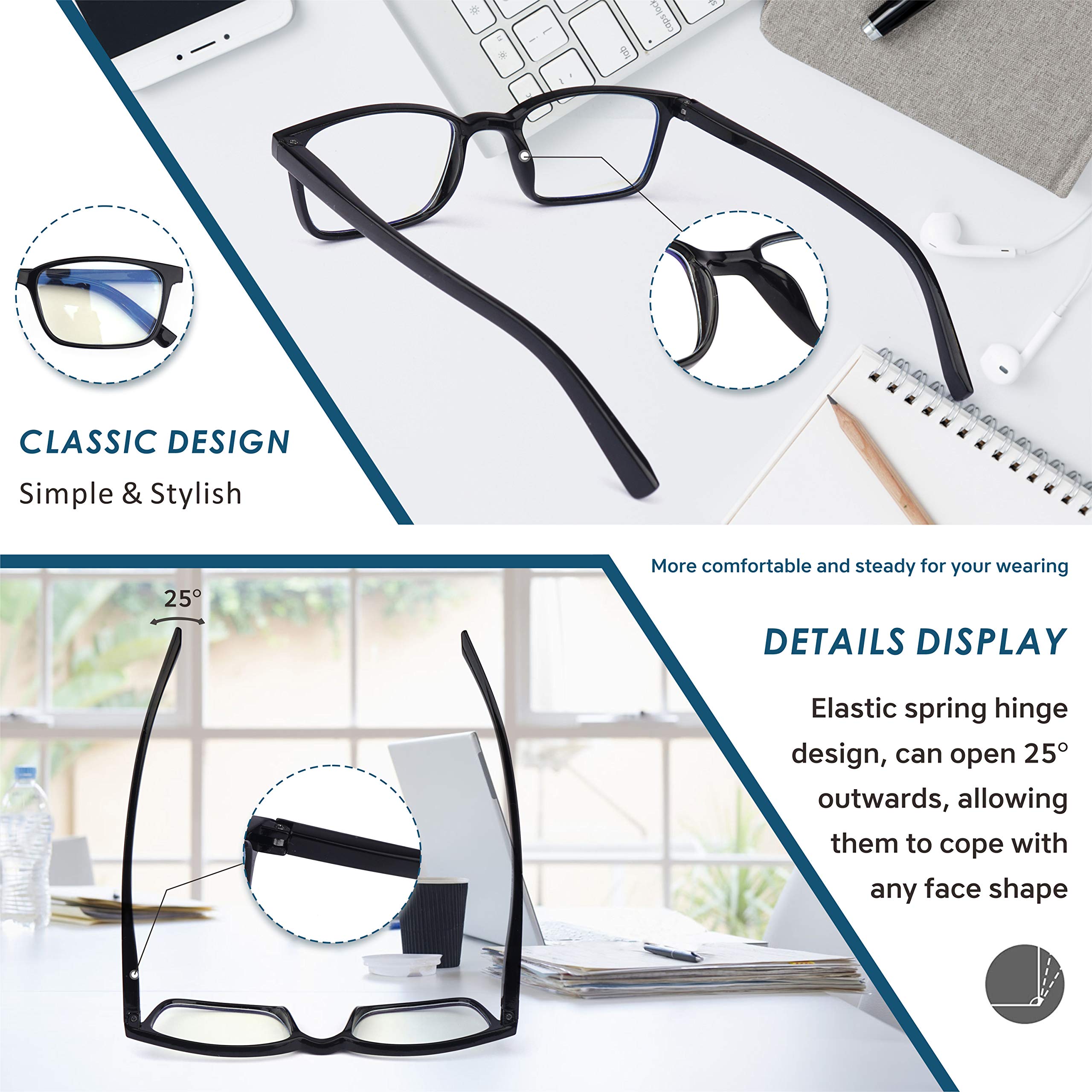 zingfocal Blue Light Blocking Glasses 2 Pack Square Computer Game Eyeglasses for Women Men Anti Eyestrain Headache Reading Glasses Non Prescription (Black+Transparent)