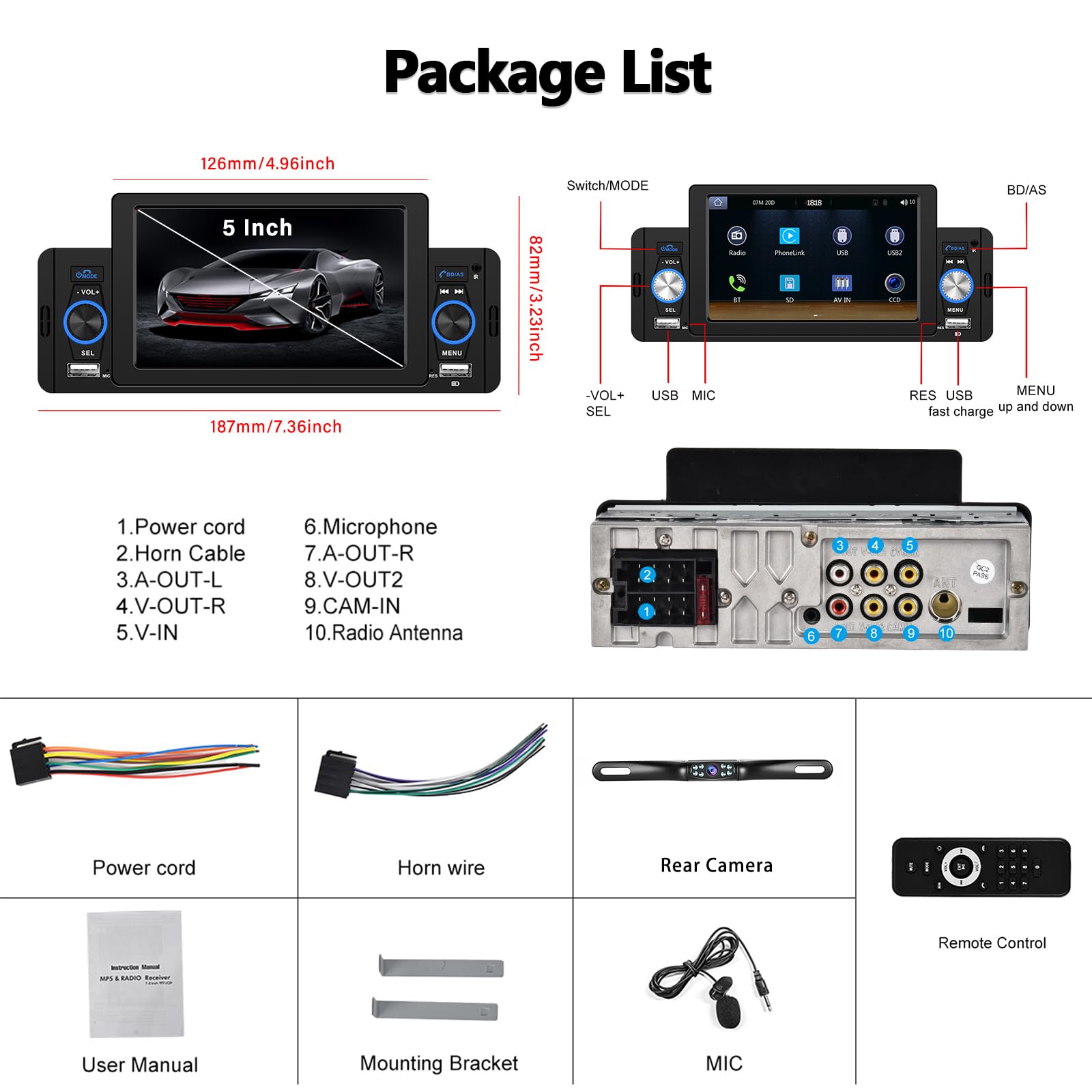 UNITOPSCI 5 Inch Single Din Touchscreen Car Stereo Compatible with Apple CarPlay Android Auto Bluetooth 5.1 Car Radio Receiver Mirror Link FM MP5 Player Dual USB EQ Media Player +Backup Camera Mic