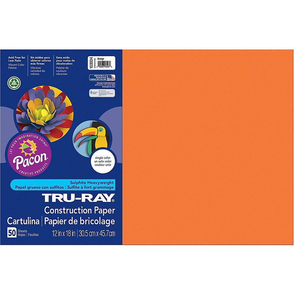 Tru-Ray Construction Paper, 50% Recycled, 12" x 18", Orange, Pack of 50 & Heavyweight Construction Paper, Yellow, 12" x 18", 50 Sheets