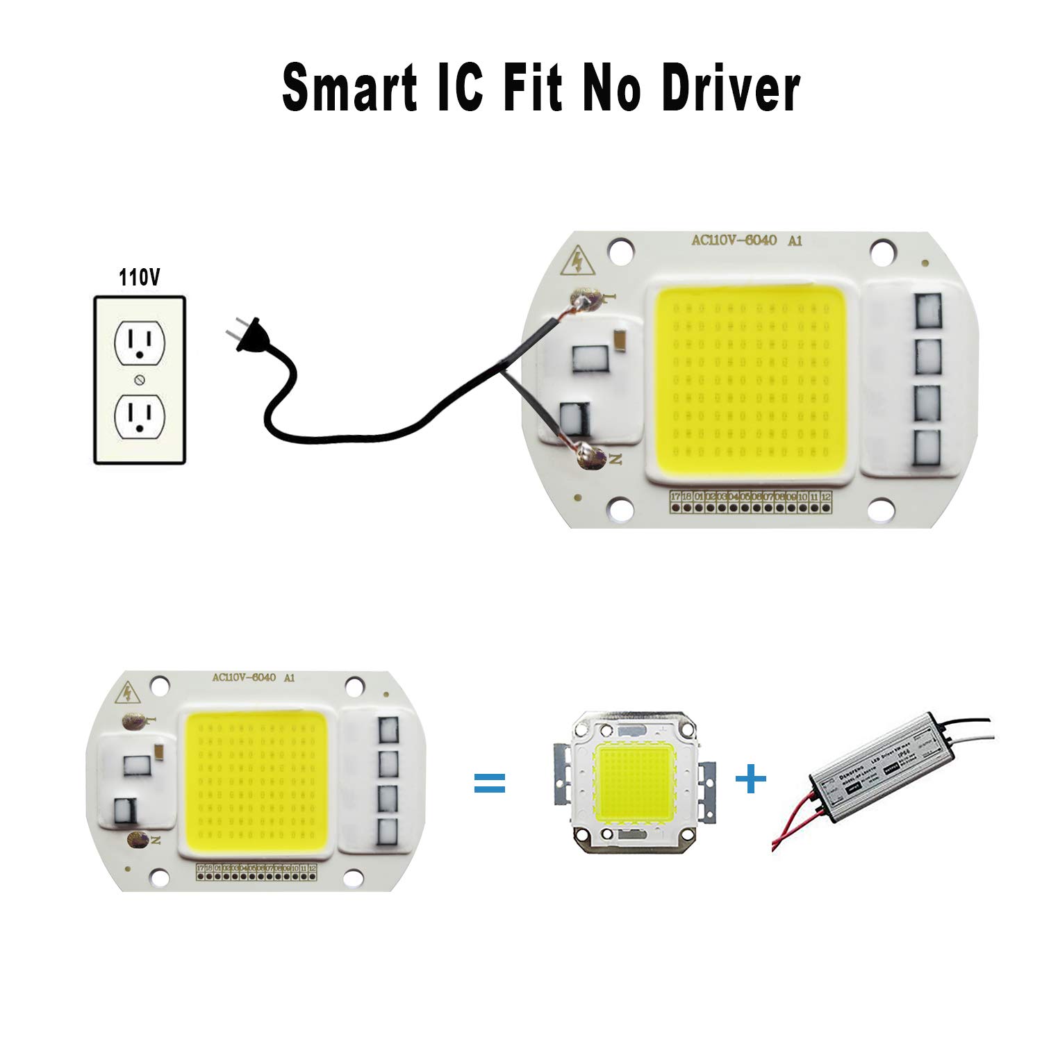 Tesfish 2PCS LED COB Chip 50W 110V White Light Engine Integrated Smart IC Driver for floodlight