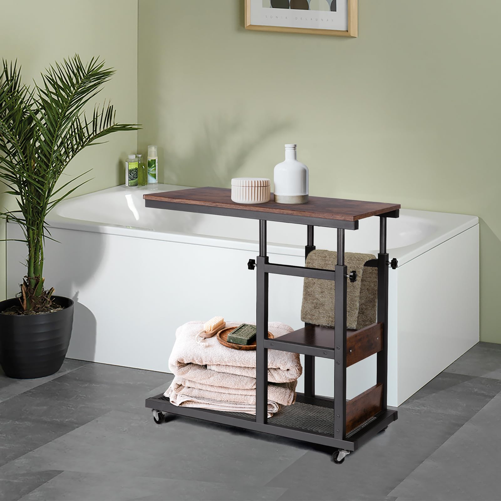 RUNTOP Height Adjustable Side Table, C Table with Wheels, Mobile Couch Snack Side Table, Sofa Bedside Laptop Stand C Shaped End Table TV Tray with Storage Shelves for Bed, Living Room, Bedroom, Brown